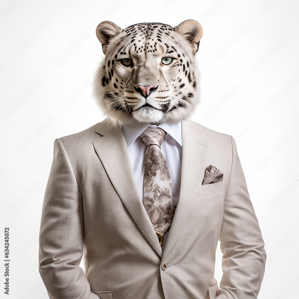 Snow leopard wearing a suit isolated on a white background ...