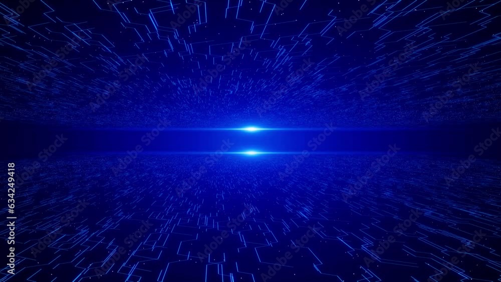 Blue digital space sci fi tunnel metaverse with luminous particles wavy ...