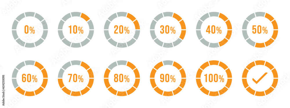 Percentage infographics in orange color. Circle loading and circle ...