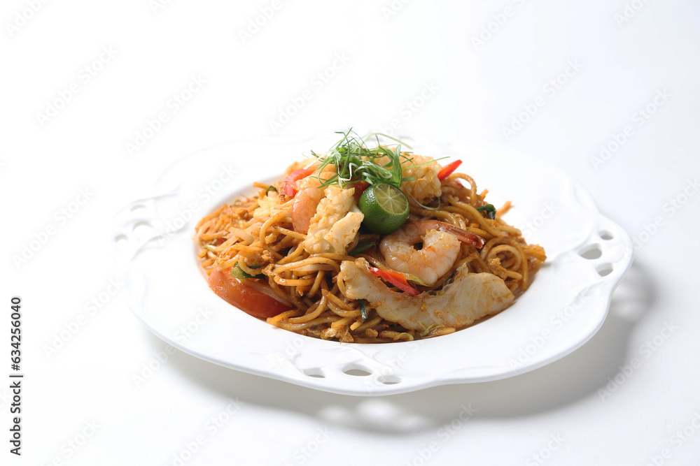 stir fried Malay spicy chilli noodle mamak mee goreng with mixed ...