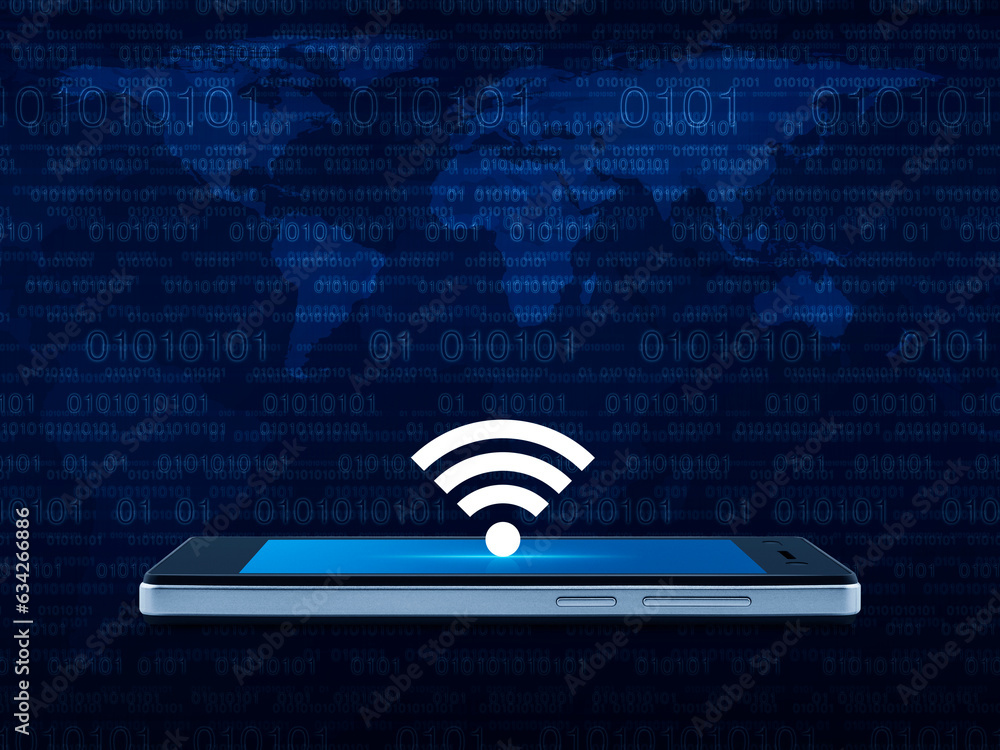 Wi-fi icon on modern smart mobile phone screen over world map and ...
