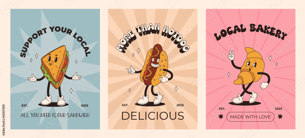 Vector cartoon retro mascot of bread, pastry, burger, sandwich. Vintage ...