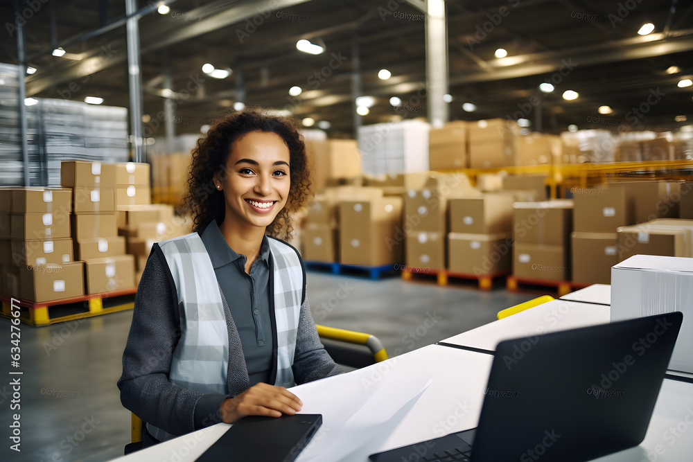 Female Stocking Associate Uses Laptop, Looking At Camera, Smiling ...
