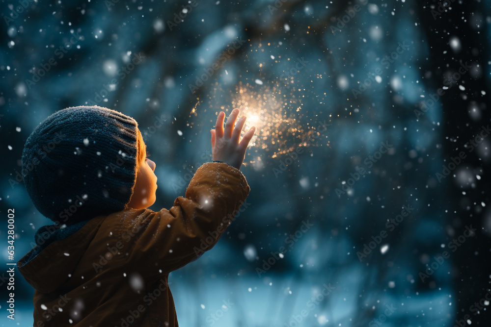 child's hand reaching out to catch falling snowflakes, capturing the ...