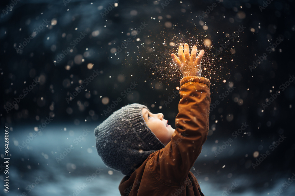 child's hand reaching out to catch falling snowflakes, capturing the ...