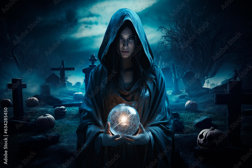 Witch cast a spell with a magical crystal ball standing over graveyard ...