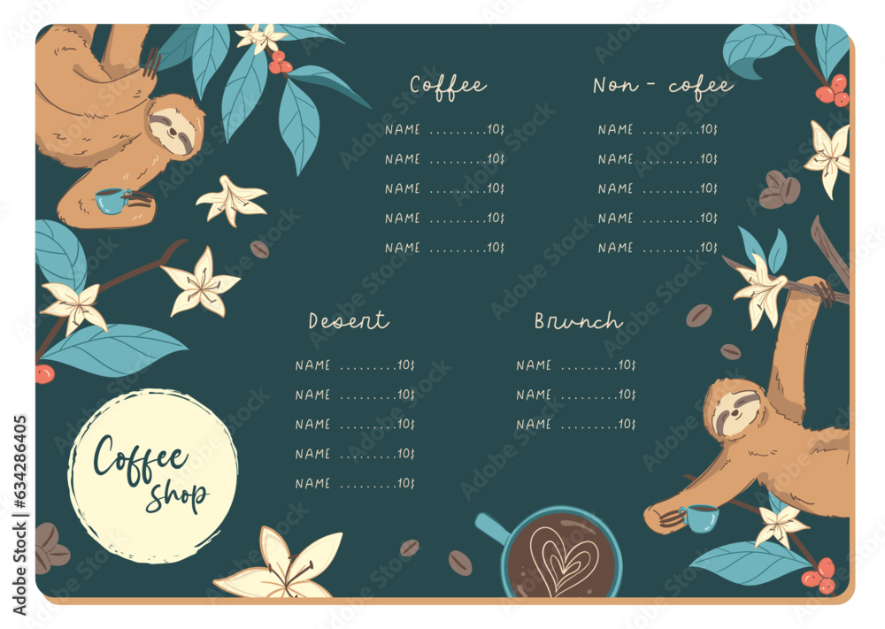 Charming Sloths Coffee Time Seamless Pattern: Cute, Flat-Style ...