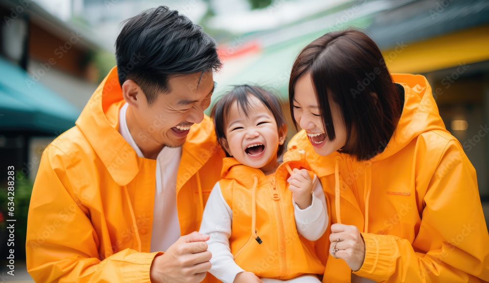 Happy Asian family, smiling and laughing, wearing bright clothes ...