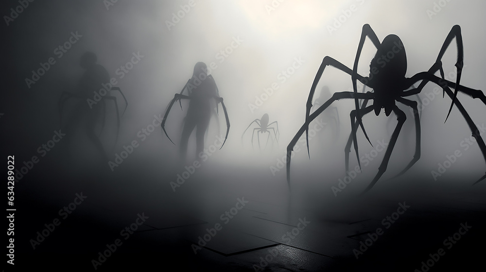phobia fear horror, silhouette of a huge spider in a foggy forest ...