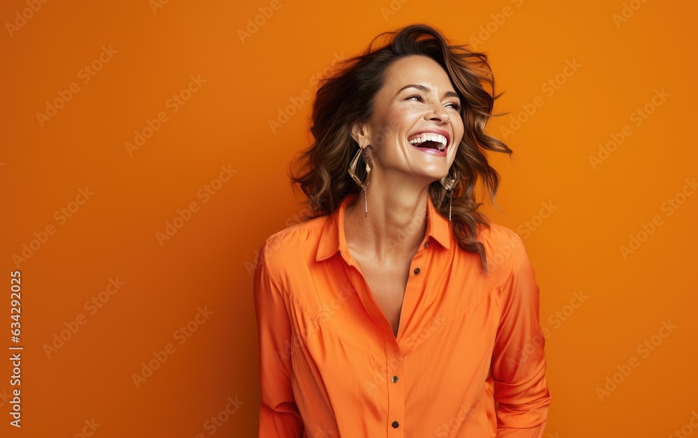 happy 40 years old businesswoman, who is smiling and laughing, wearing ...