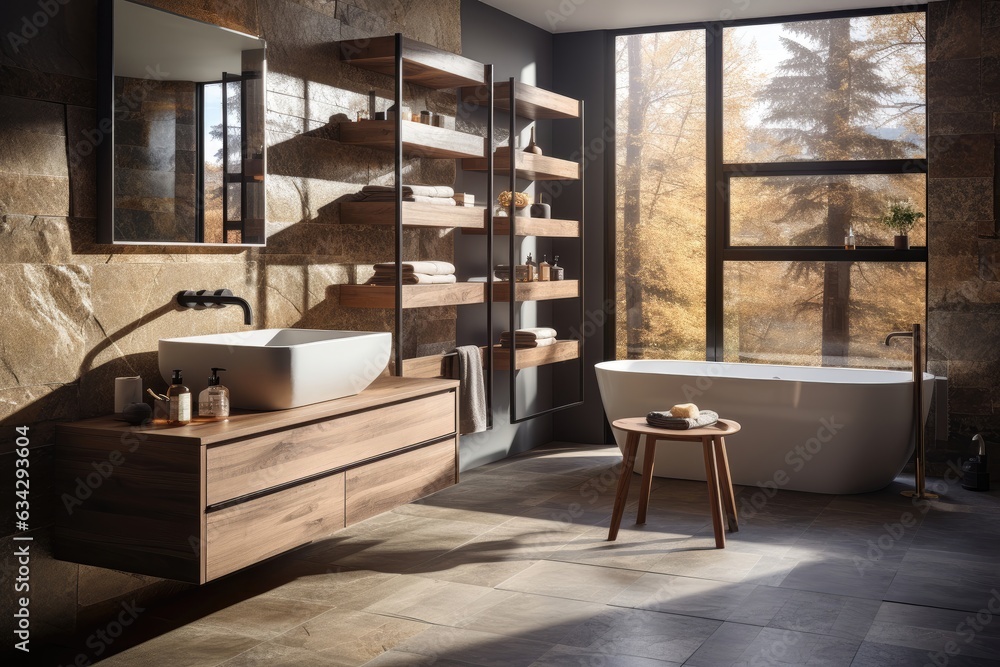 A scenic vacation home boasting rustic wood built-ins, alongside stone ...