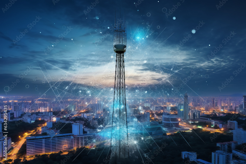 Telecommunication tower with 5G cellular network antenna on city background, Global connection ...