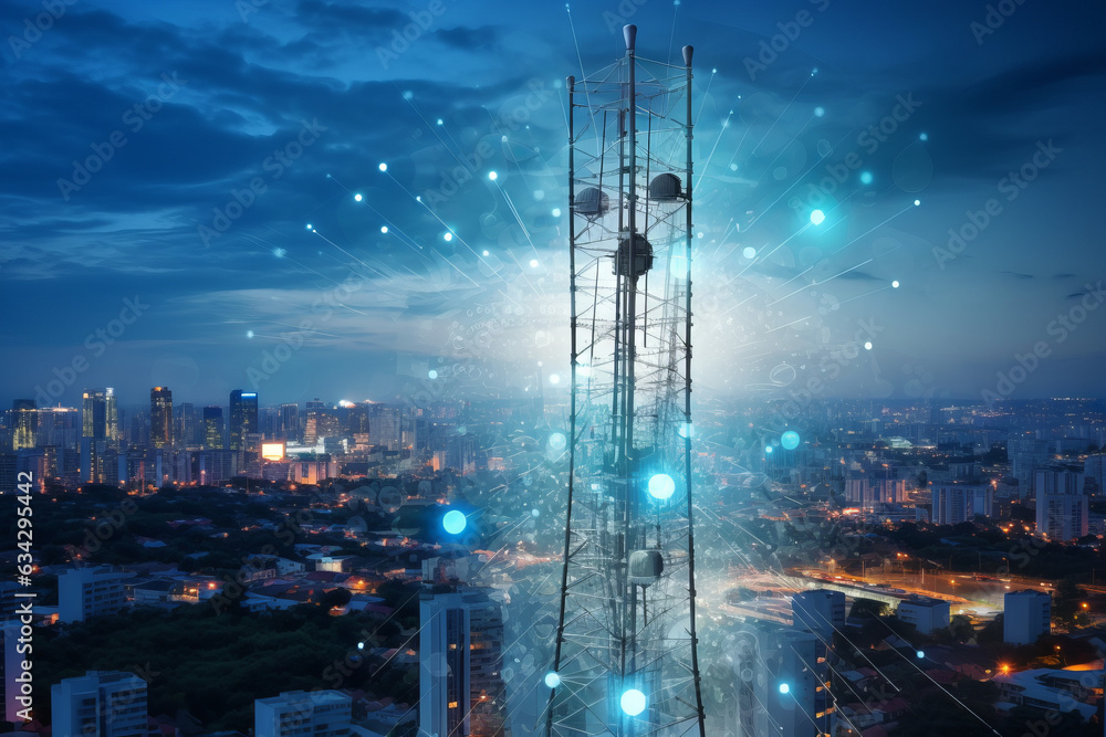 Telecommunication tower with 5G cellular network antenna on city background, Global connection ...