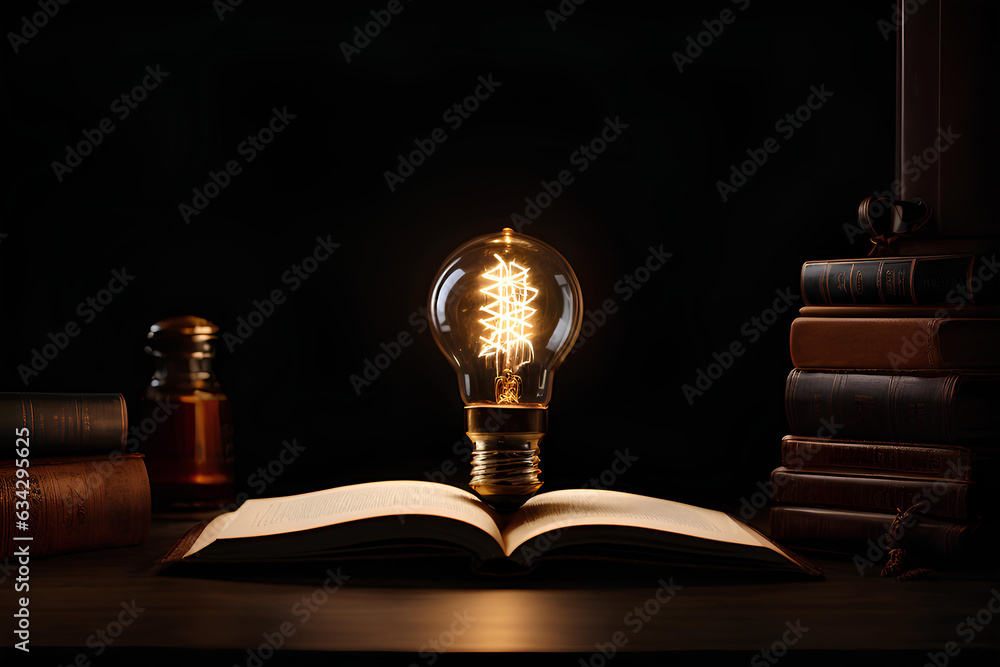 An electric light bulb is lit on an open book - a symbol of ...