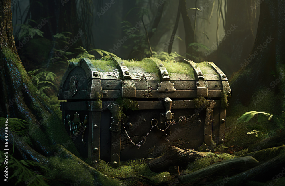 Secret mysterious treasure chest is hiding in spooky forest realistic ...