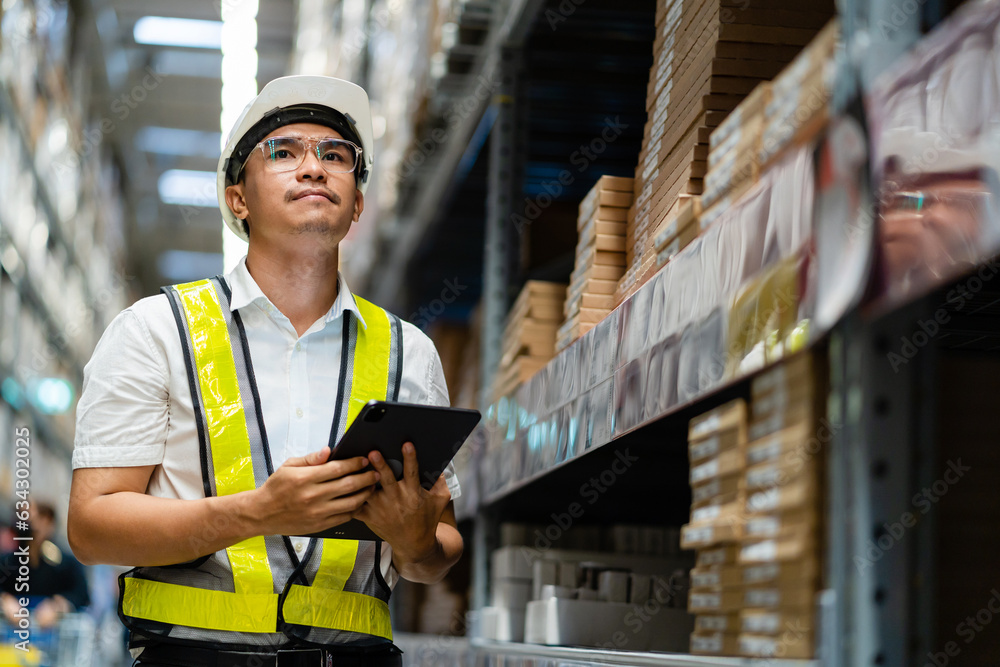 asian male warehouse worker wearing a safety vest working in a ...