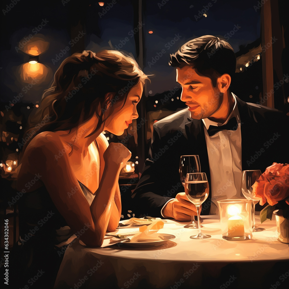 Romantic evening at cafe lovers sitting by window table Created using ...