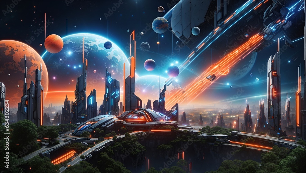 a photo of a future city view in outer space with a beautiful sky with ...