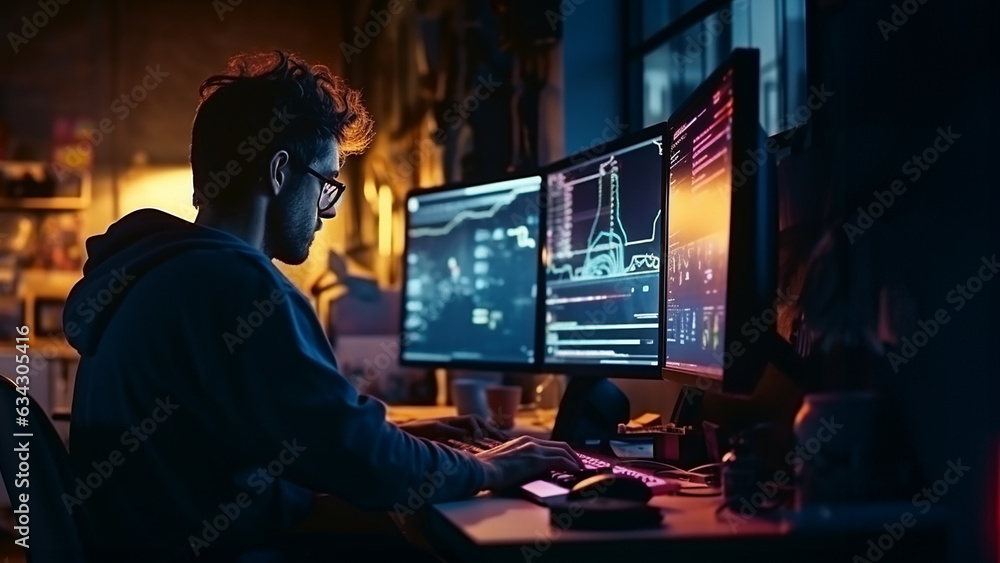 A guy sitting in front of his computer in a dark room. Working ...