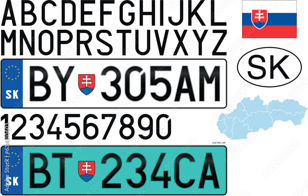 Slovakia Republic car license plate, letters, numbers and symbols ...