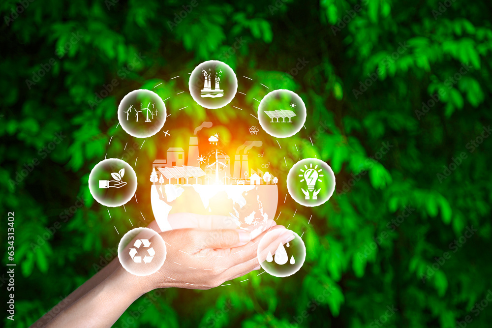 Green Energy Renewable Sustainable. world and green energy icon in hand ...