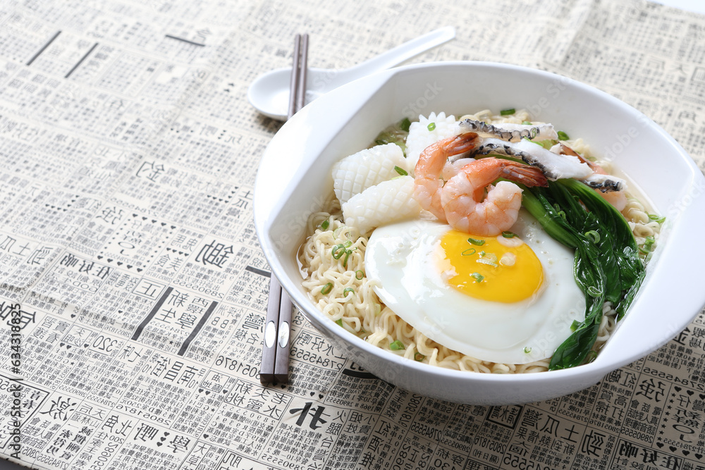 cook Japanese instant noodle mee soup with seafood fish, prawn, octopus ...