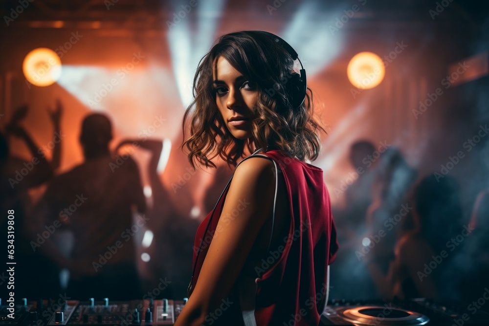Beautiful young female dj in headphones brunette with a short bob ...