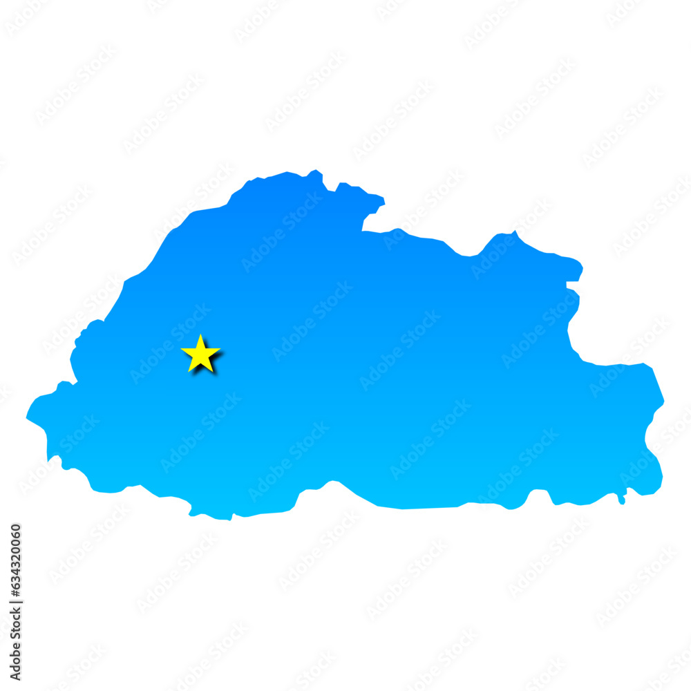 Blue Map of Bhutan and its capital city of Thimphu as a yellow star ...