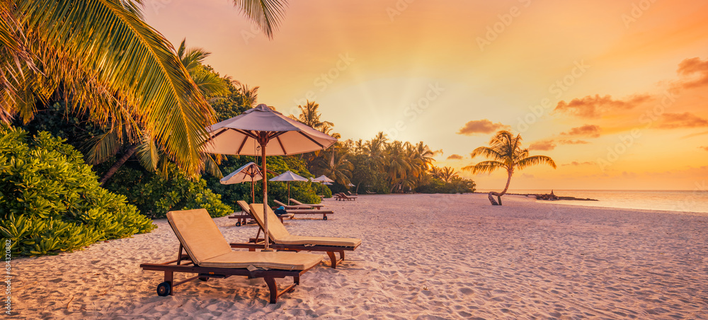 Tropical sunset beach panorama as summer relax landscape. Swing on ...