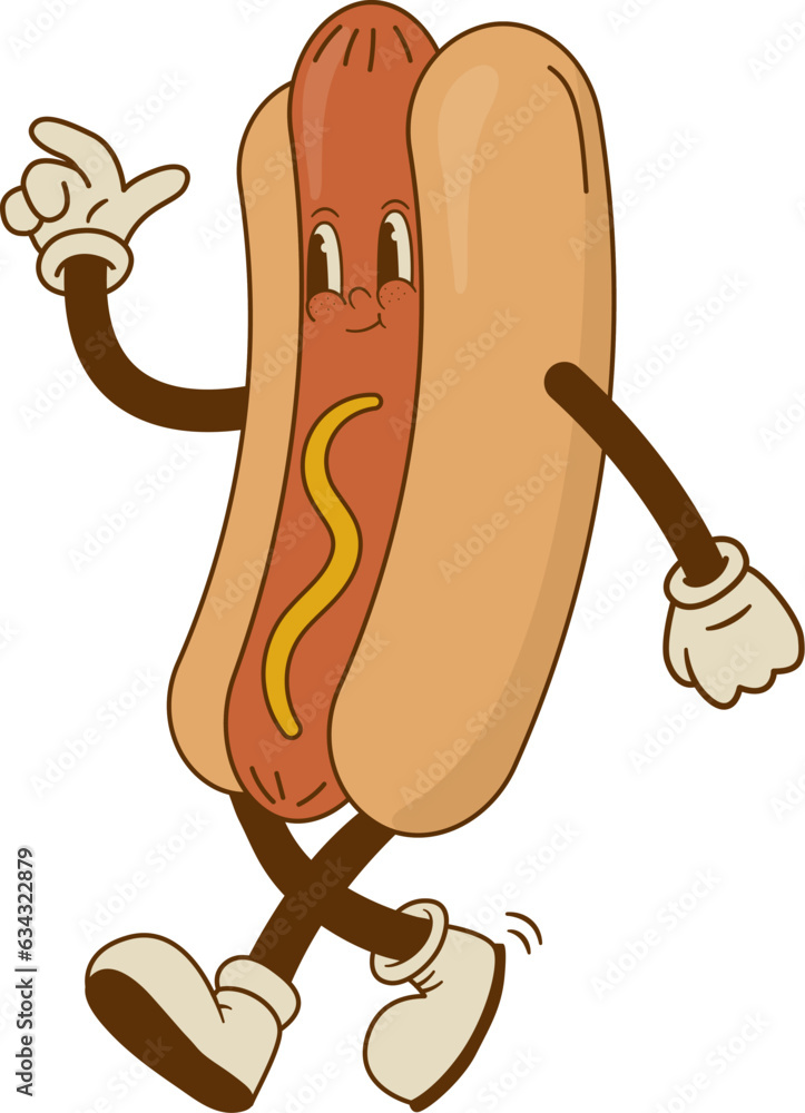 Cartoon hot dog character in retro 70s style. Street food vector ...