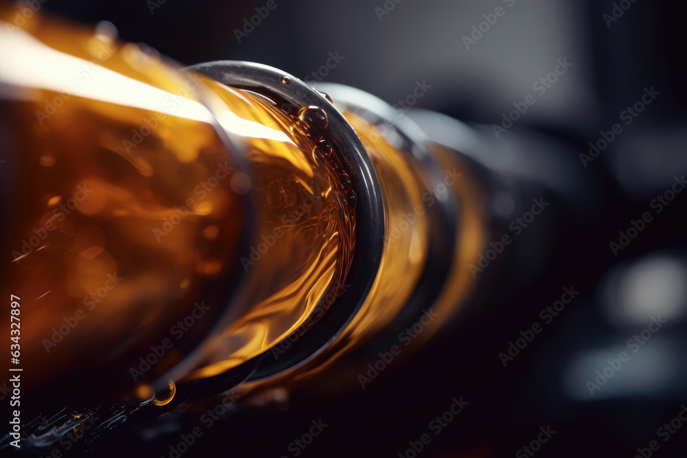 Macro shot of hydraulic oil flowing through a pipe with a blurred ...