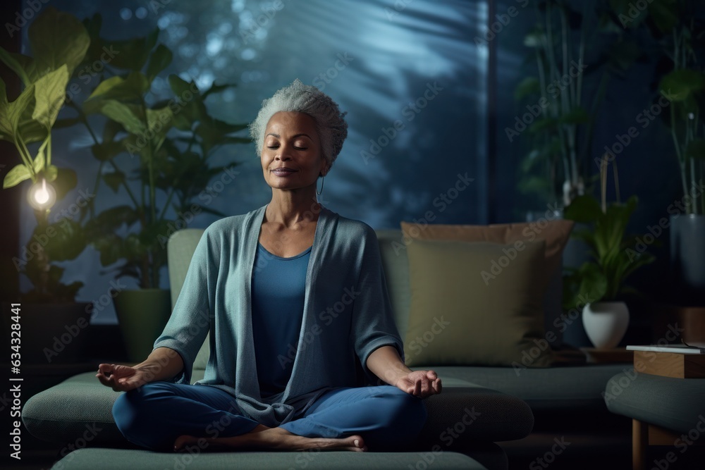 A peaceful woman sits amidst calming colors and cozy furniture, her ...