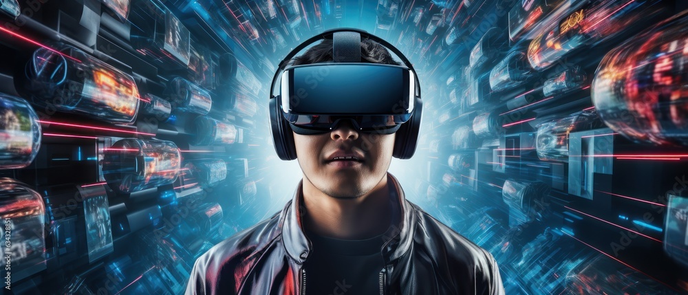 Visual reality concept. Young man using Visual reality or VR headset ...