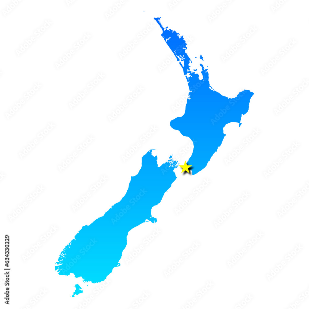 Blue Map of New Zealand and its capital city of Wellington as a yellow ...