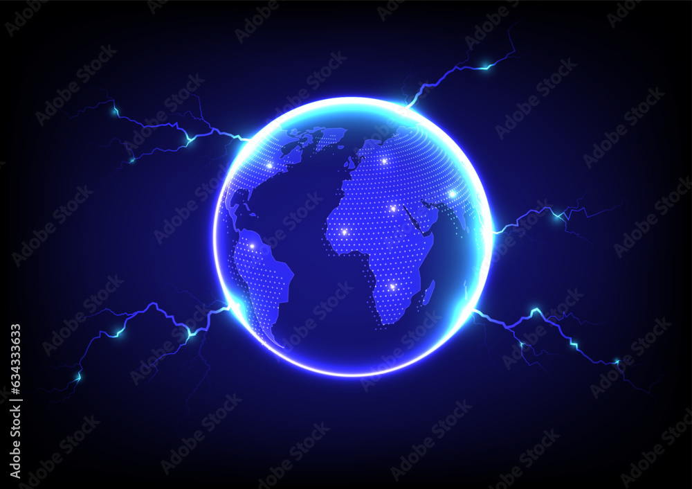 Glowing globe world map with lightning on dark blue background. Vector ...