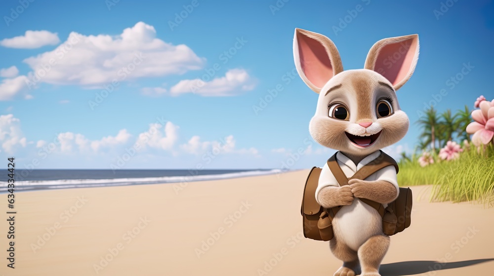 Cartoon character on the beach with beach equipment. Cute bunny on the ...