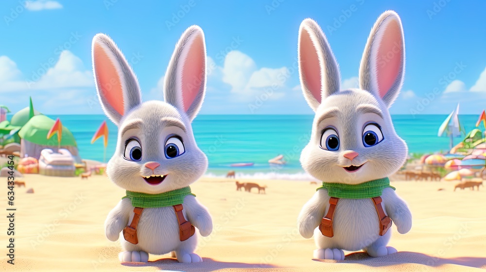 Cartoon character on the beach with beach equipment. Cute bunny on the ...