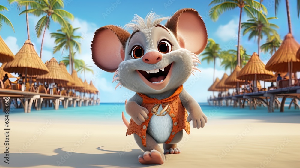 Cartoon character on the beach with beach equipment. Cute mouse on the ...