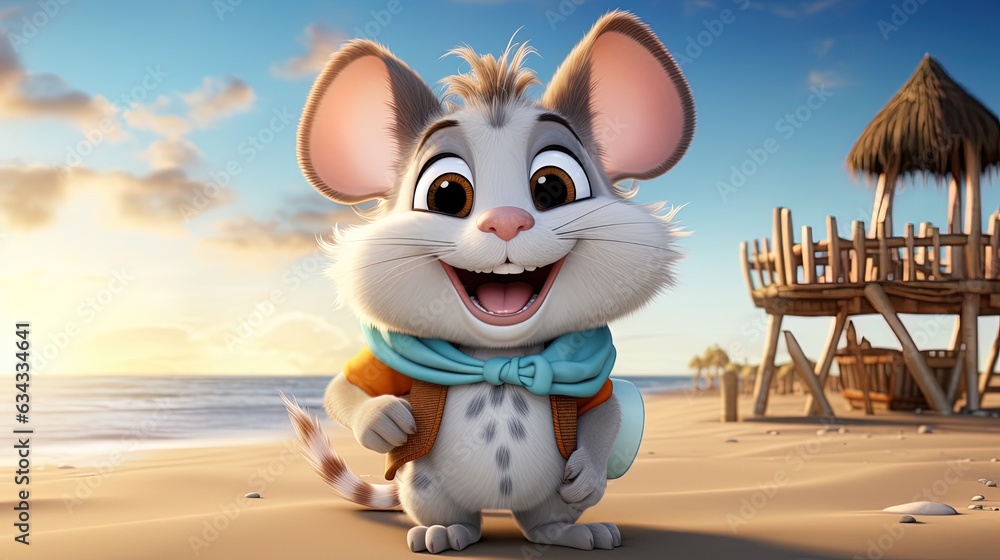 Cartoon character on the beach with beach equipment. Cute mouse on the ...