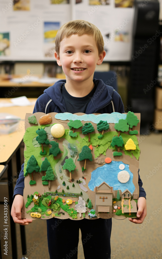 Boy schoolboy shows an ecological project about environmental ...