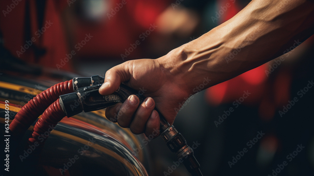 A close-up of the pit crew's hands as they connect the fuel hose ...