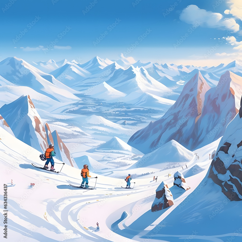Snowy adventure at a ski resort, capturing the thrill as skiers glide ...