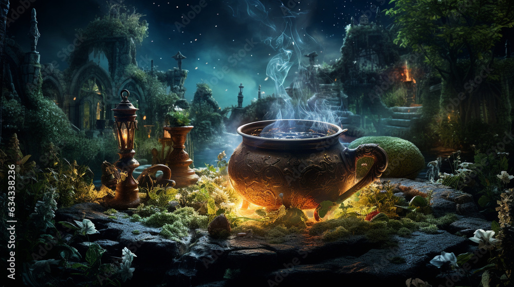Witch's Cauldron: A bubbling cauldron surrounded by mystical ...