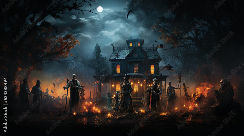 Haunted House Party: A grand Halloween party at a haunted mansion, with ...