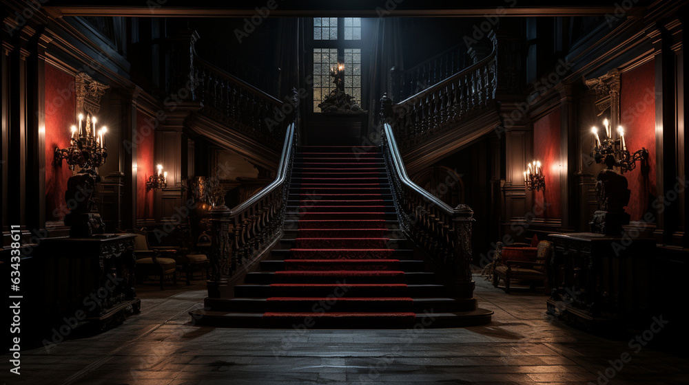 Spooky Mansion Interior: A peek inside a spooky mansion, with dimly lit ...