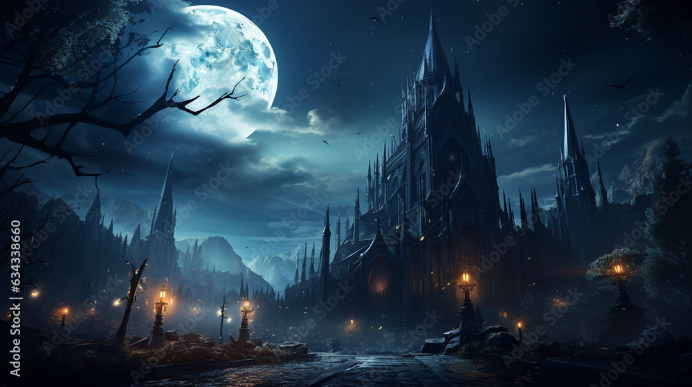 Gothic Cathedral: A Gothic cathedral at night, with dramatic ...