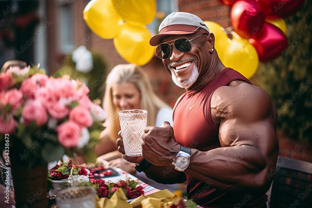 a mature older good-looking athletic muscular male bodybuilder holding ...