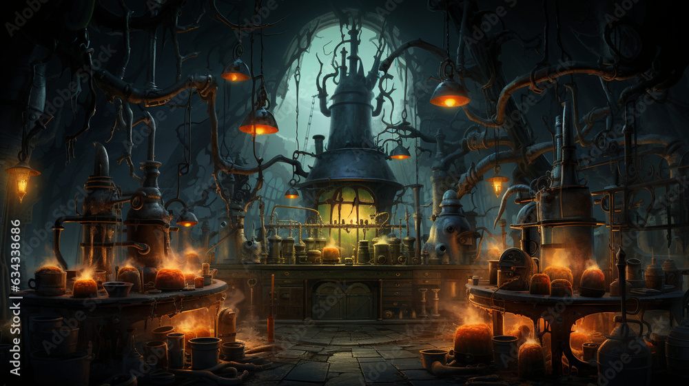 Spooky Laboratory: A mad scientist's laboratory with bubbling beakers ...