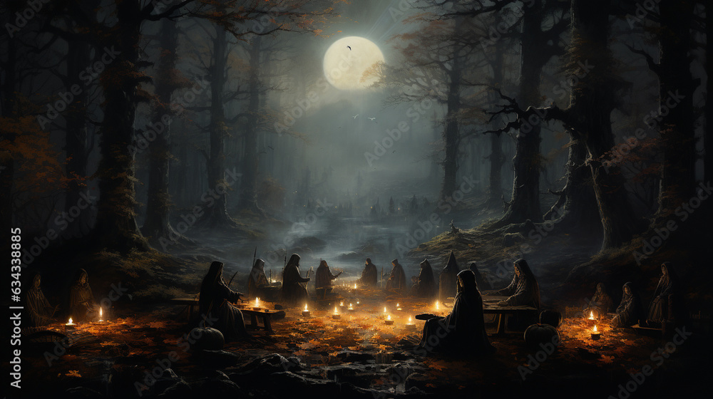 Coven Gathering: A coven of witches gathered in a moonlit clearing ...