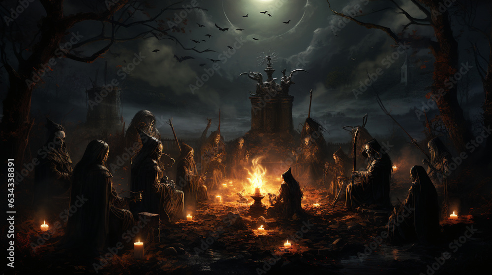 Coven Gathering: A coven of witches gathered in a moonlit clearing ...